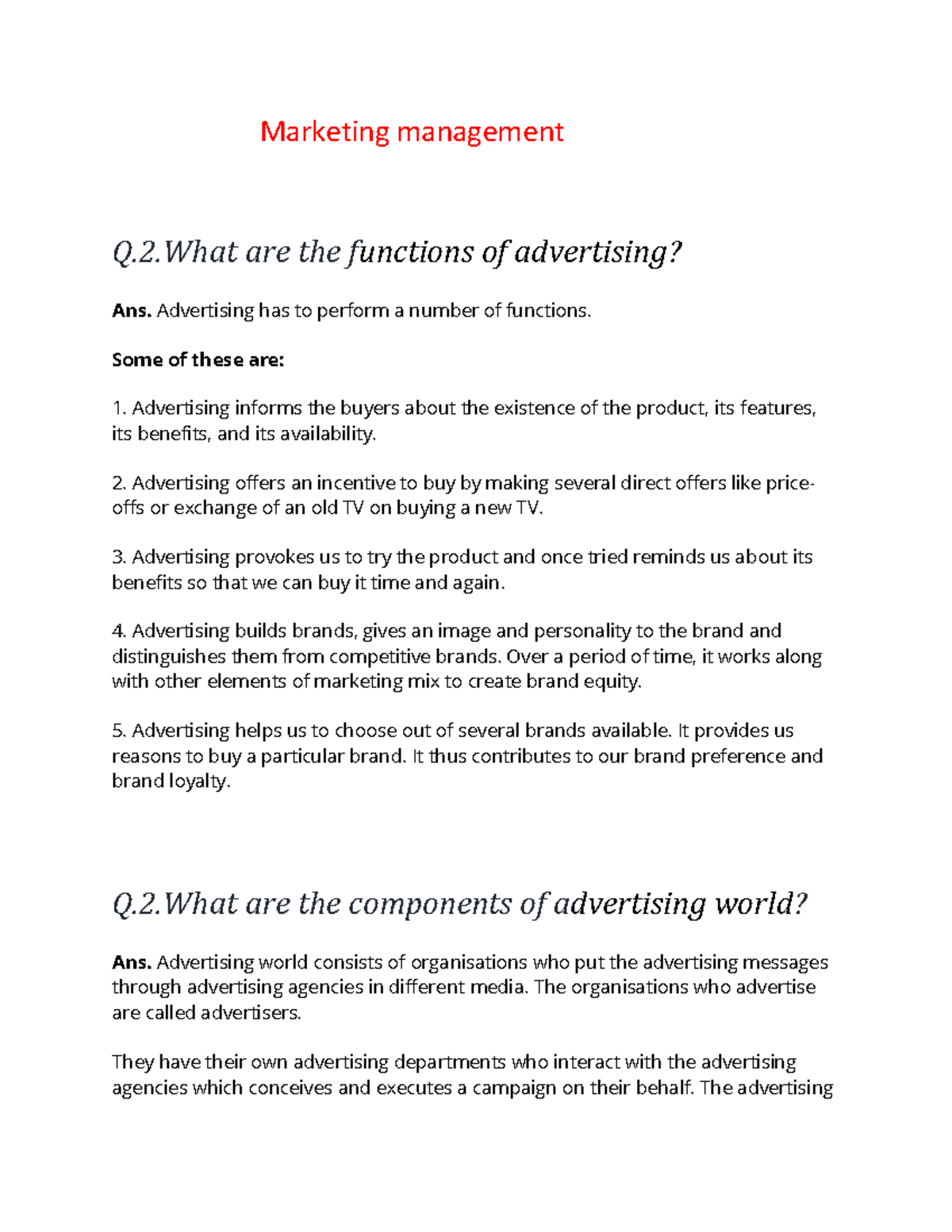Marketing management notes 3 - Marketing management Q.2 are the ...