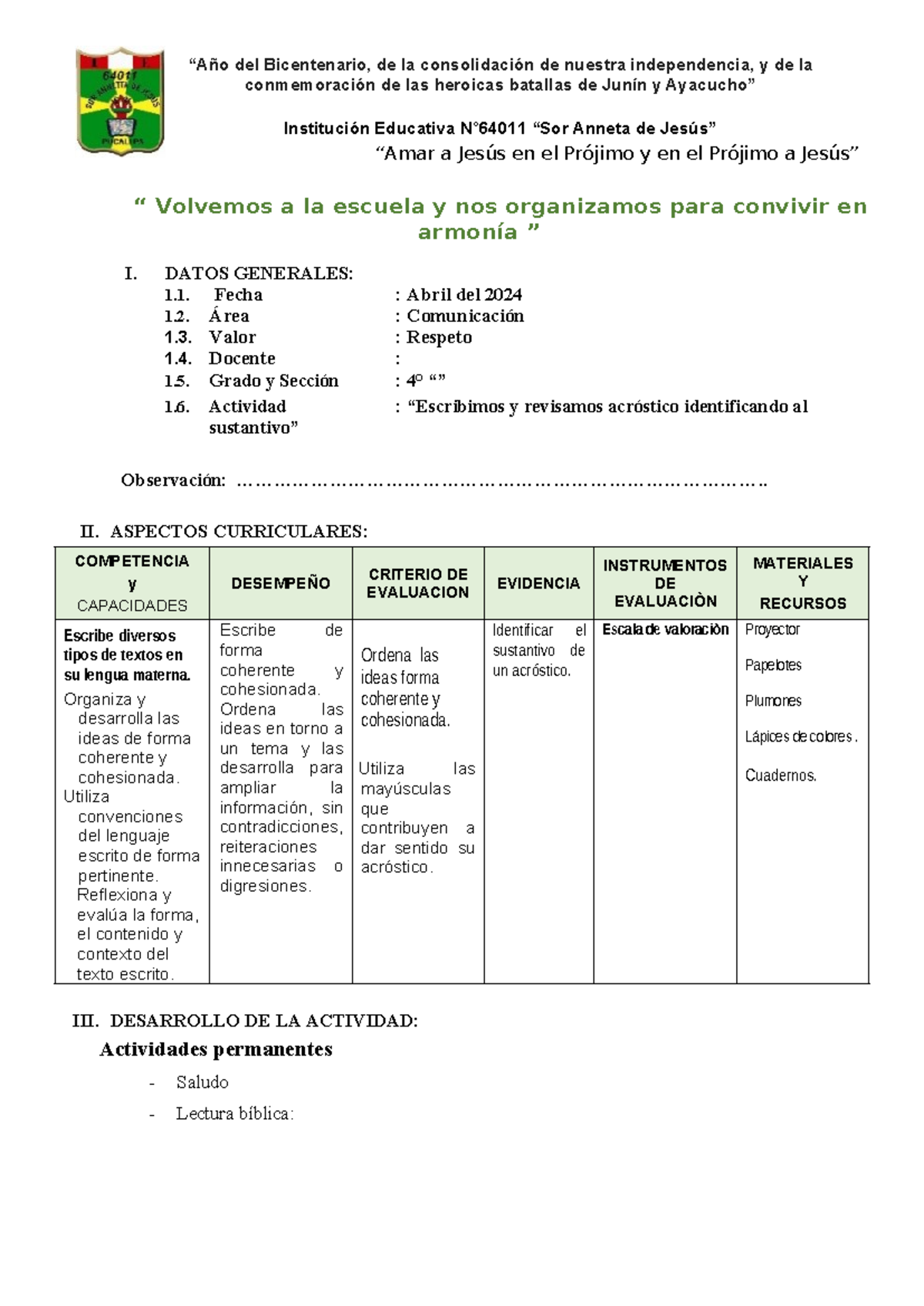 Sesion COM-Escribimos y revisamos nuestro acrostico -k - “Año del ...