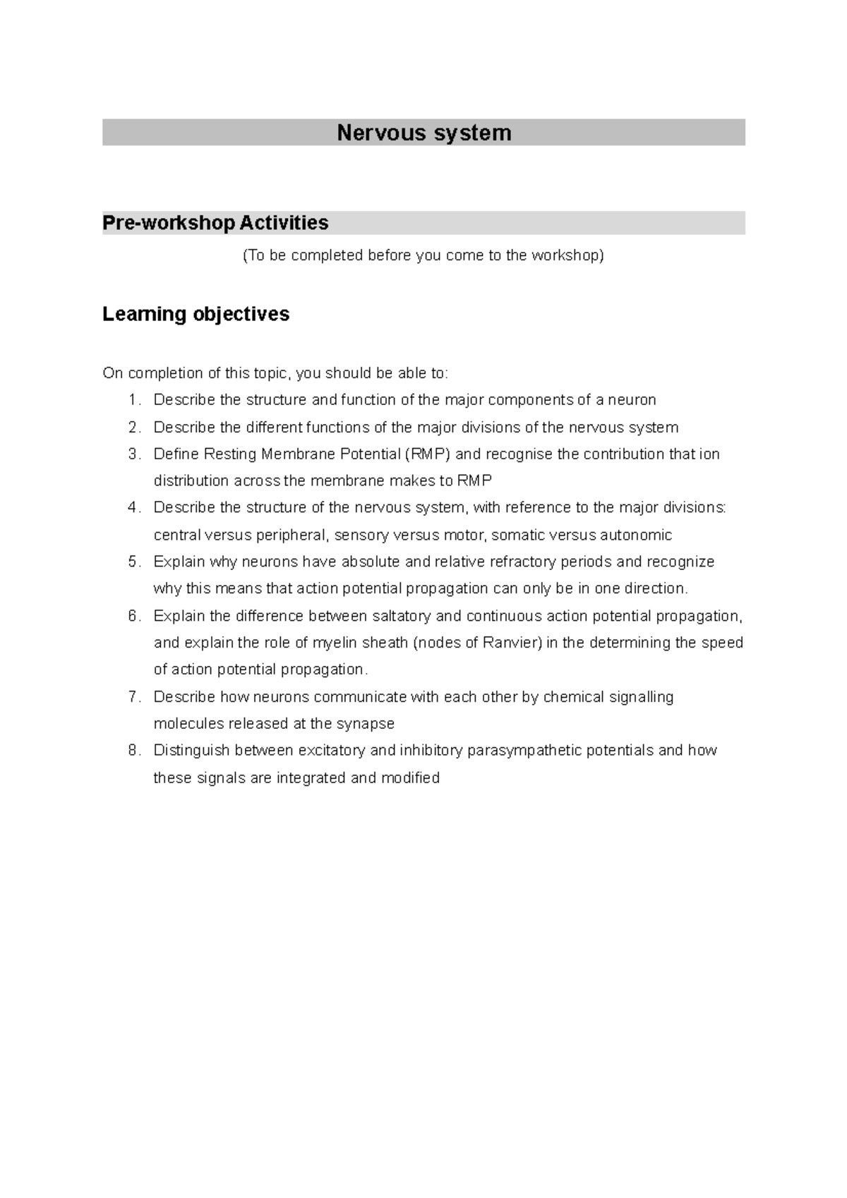 HB week 4 summary notes - Nervous system Pre-workshop Activities (To be ...