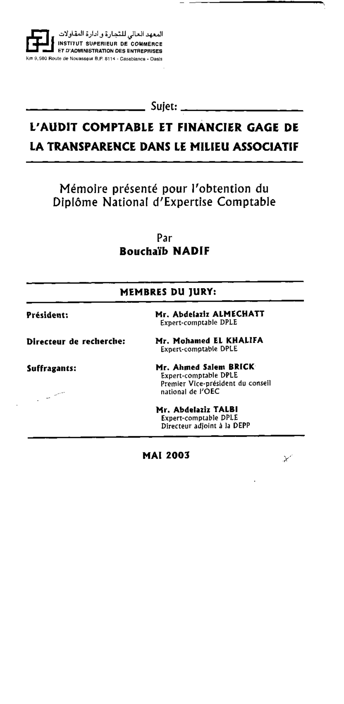 Audit LAudit comptable et financier, gage de la transparence dans le ...