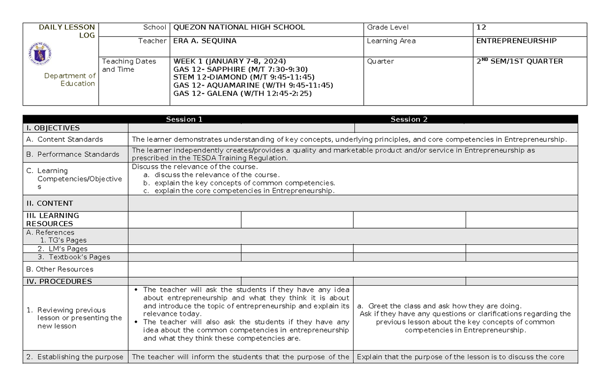 Entrep Q1 WEEK1 edited - it well help you - DAILY LESSON LOG Department ...