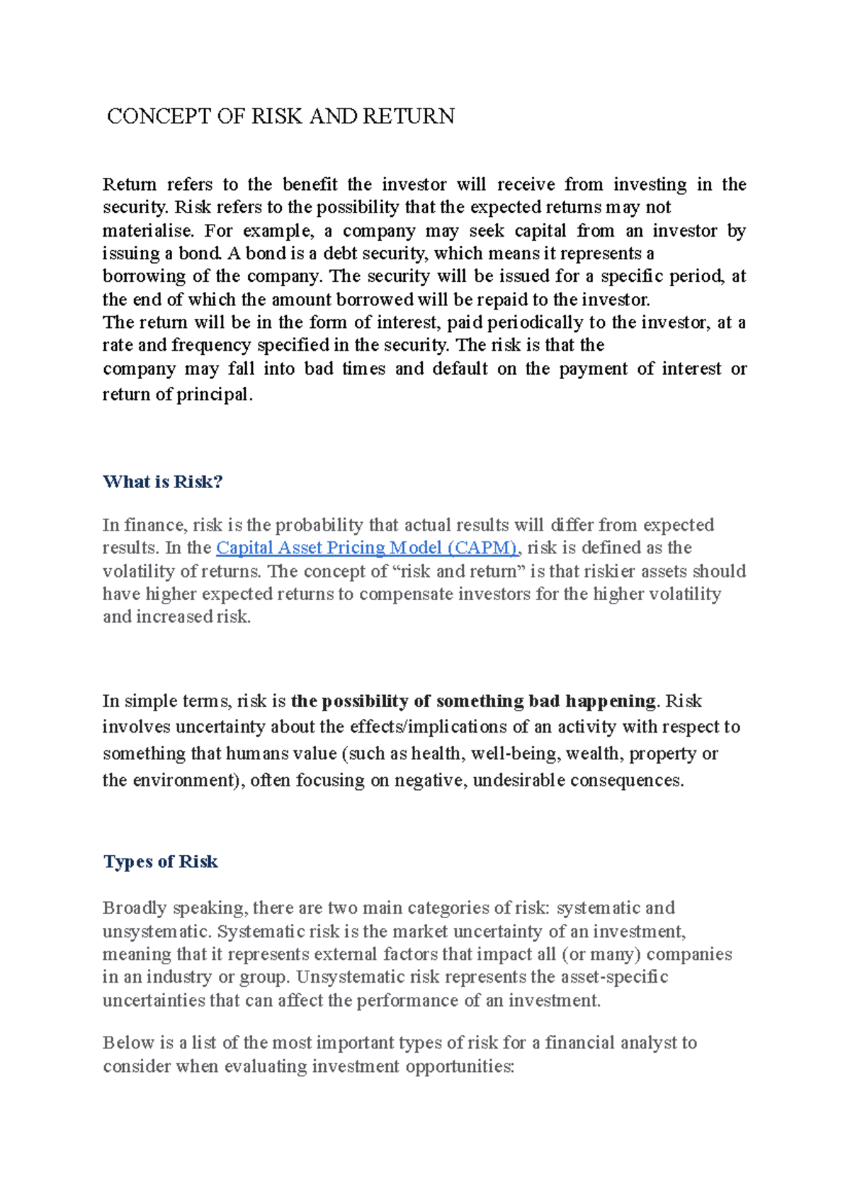 Concept OF RISK AND Return - CONCEPT OF RISK AND RETURN Return refers ...