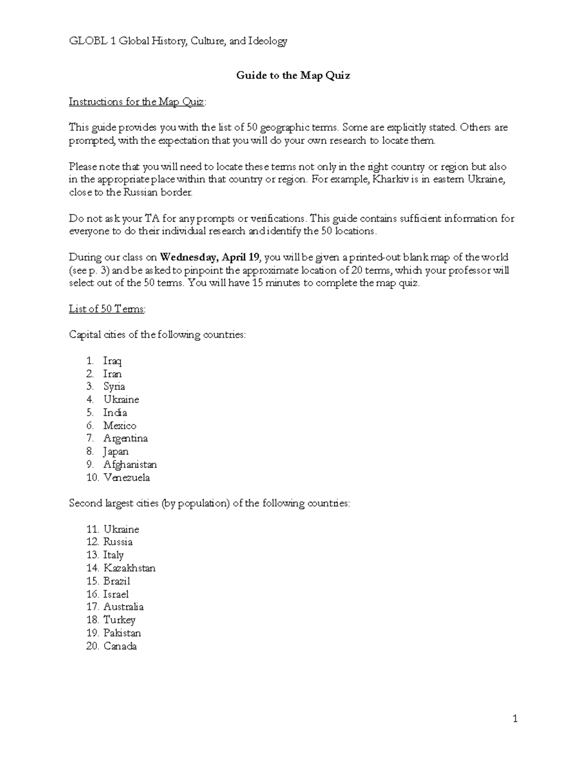 Guide to Map Quiz - GLOBL 1 Global History, Culture, and Ideology 1 ...