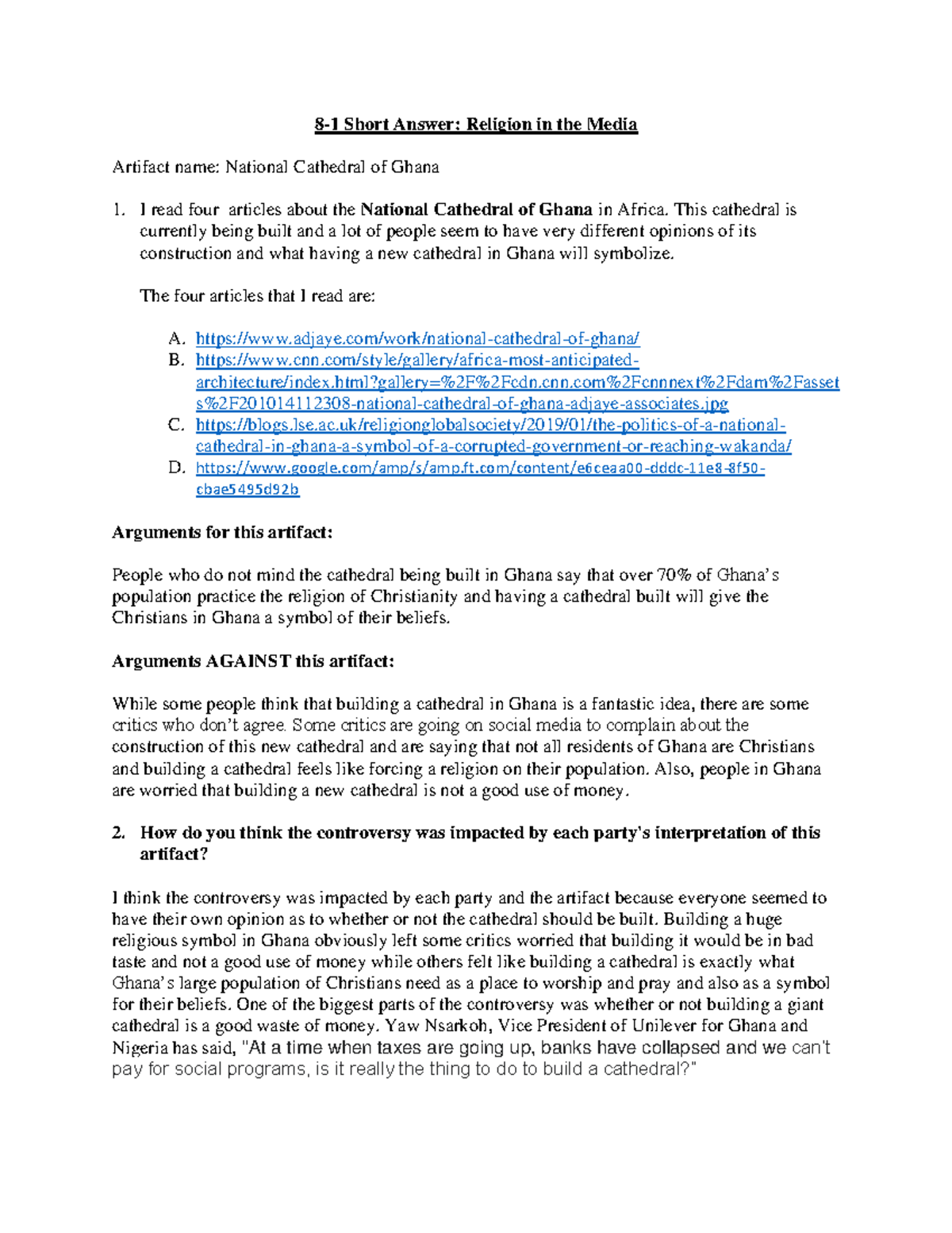 Hum 100 8-1 response GRADE A - 8-1 Short Answer: Religion in the Media ...