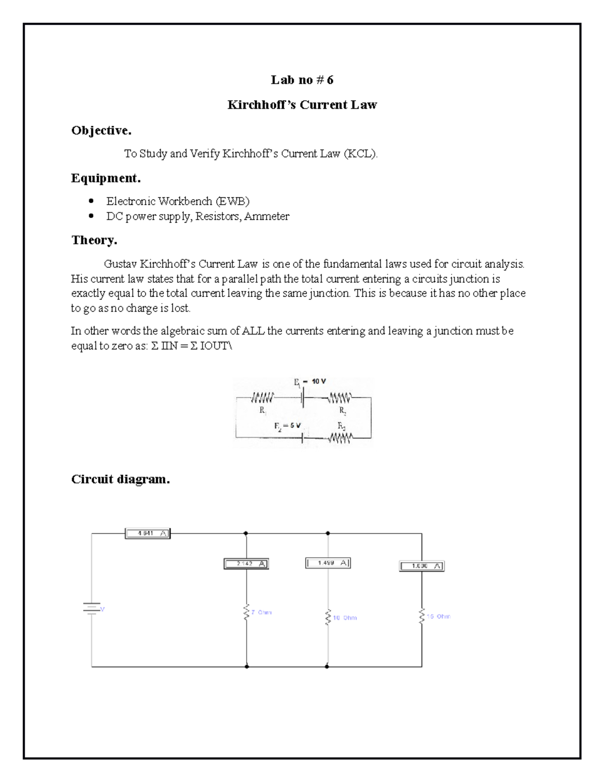 Maaz Lab no 6 completed - lab report - Lab no # 6 Kirchhoff’s Current Law Objective. To Study ...