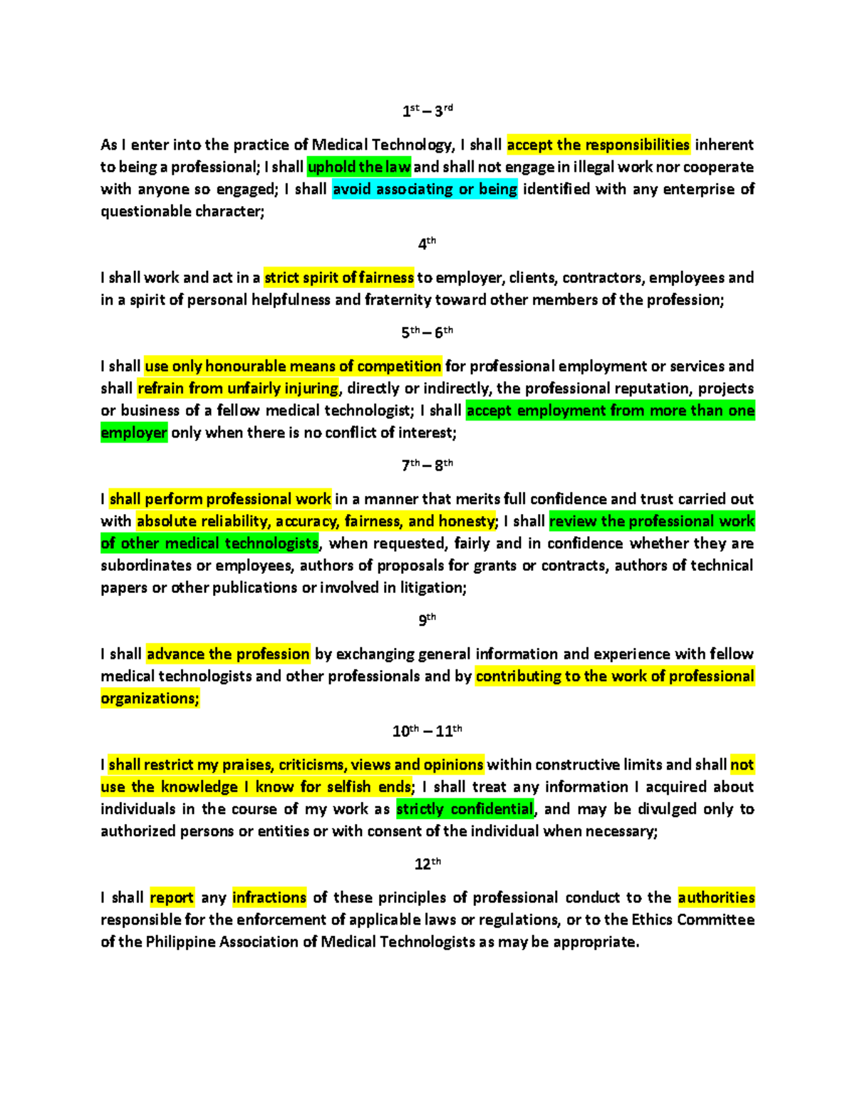 CODE OF Ethics - none - 1 st – 3 rd As I enter into the practice of ...