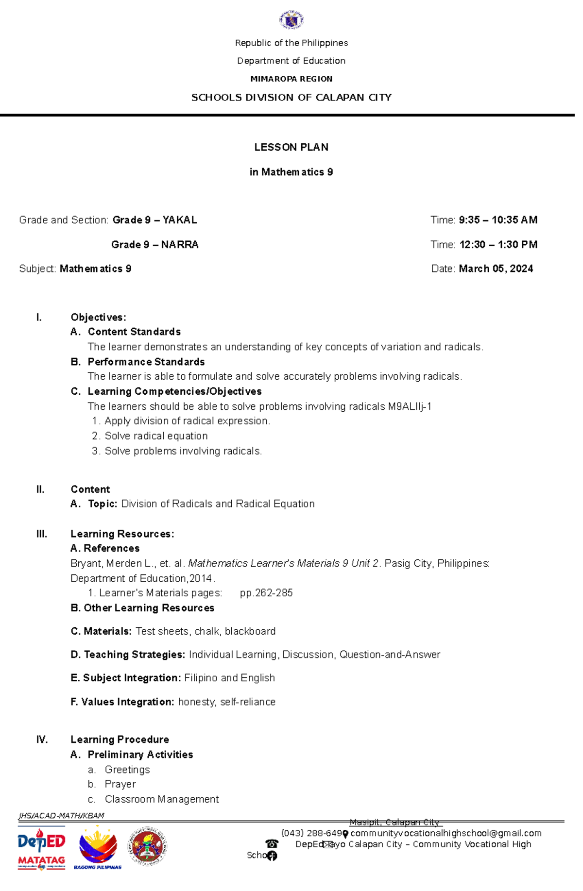 Lesson PLAN 2 - Rational Expressions - Masipit, Calapan City (043) 288 ...