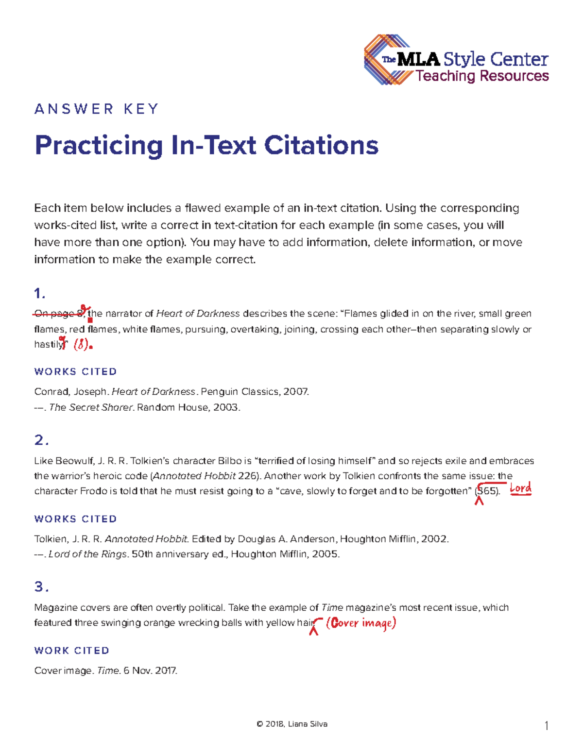 Practicing in text citations answer key - © 2018, Liana Silva 1 ...