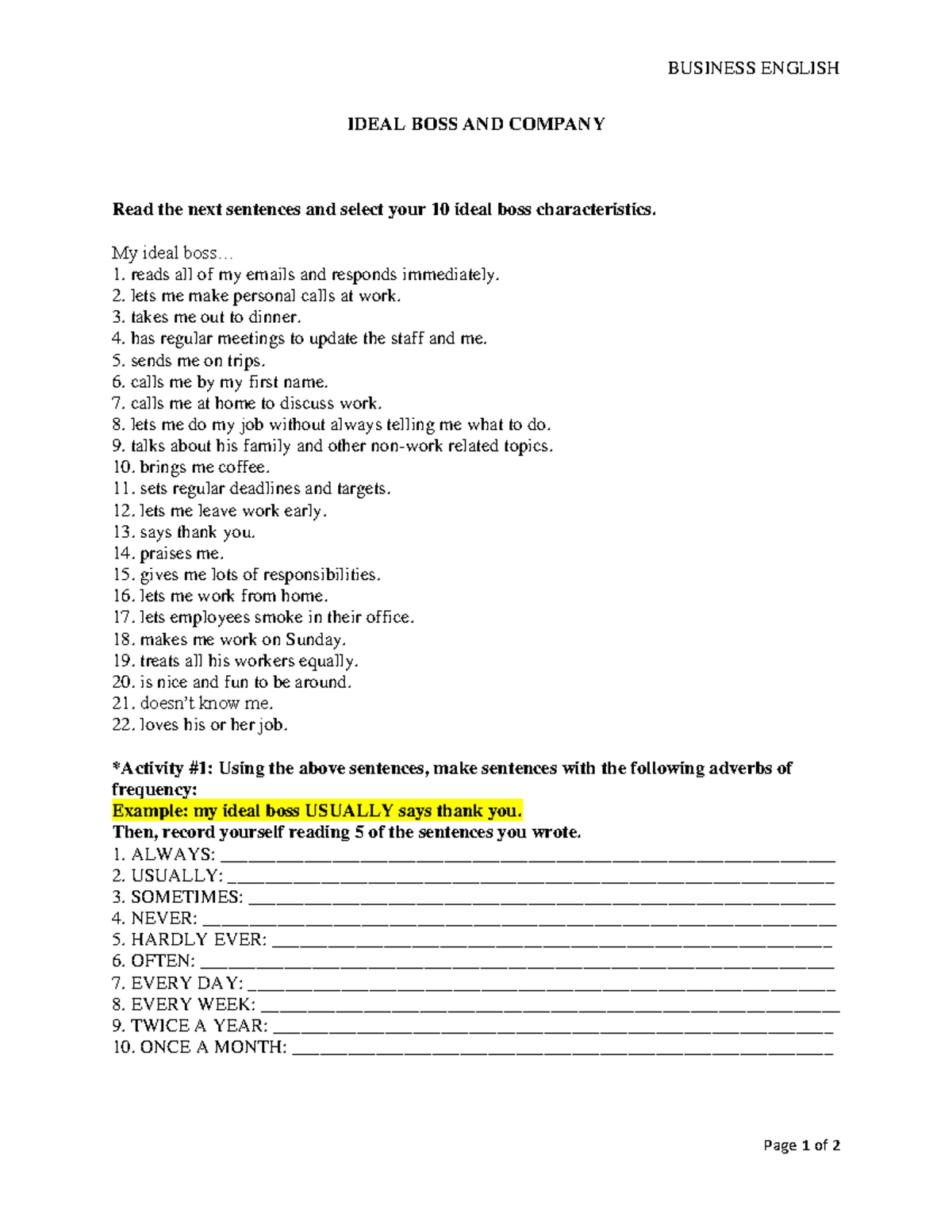 Ideal BOSS AND Company - BUSINESS ENGLISH Page 1 of 2 IDEAL BOSS AND ...