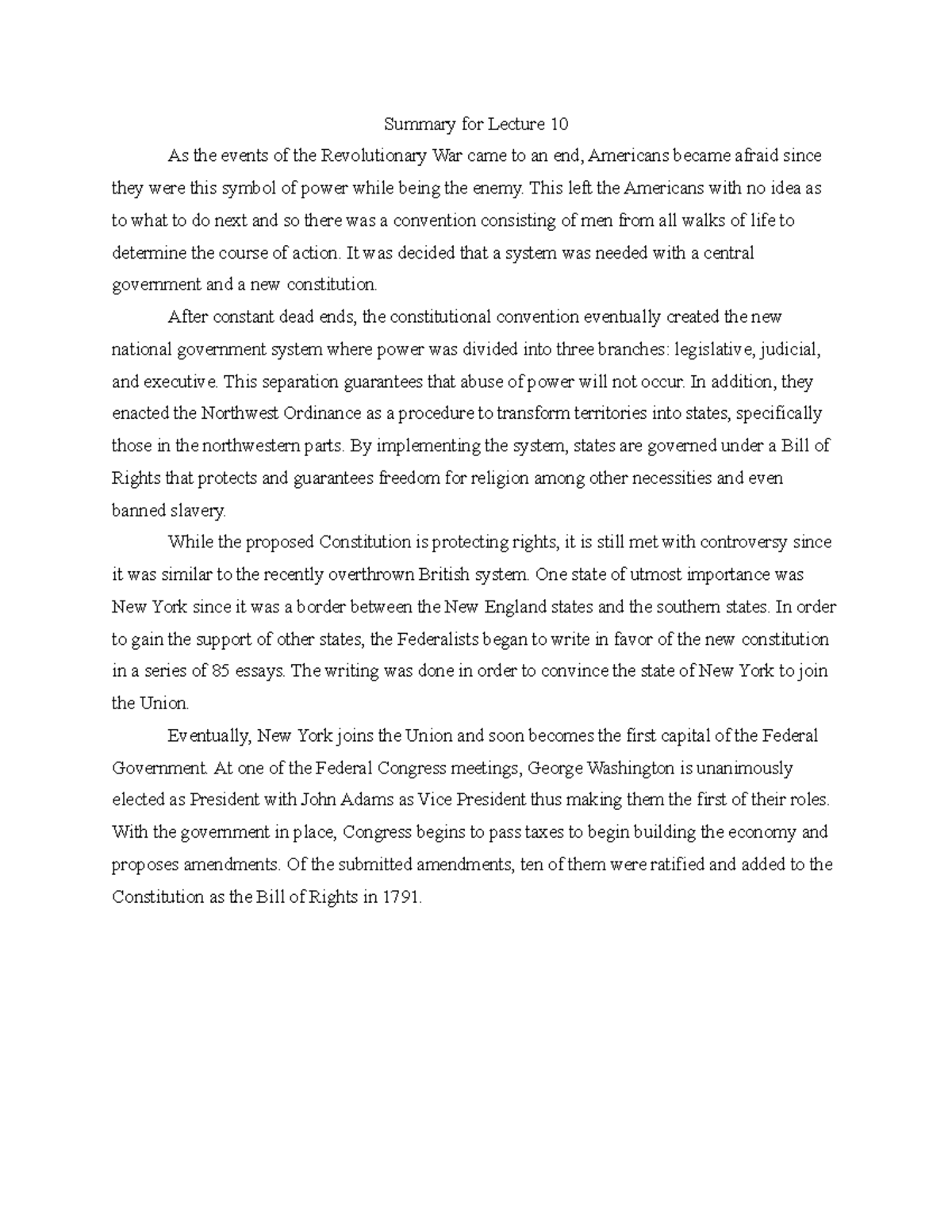 American History Post Revolutionary War - Summary for Lecture 10 As the ...