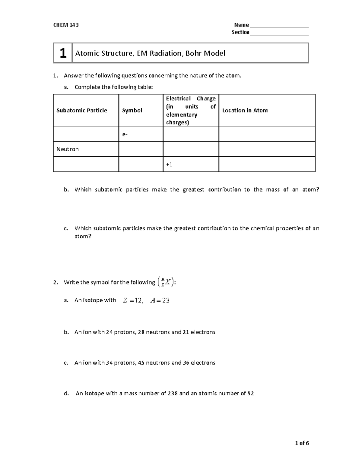 Worksheet week 1 - Section____________________ 1 Atomic Structure, EM ...
