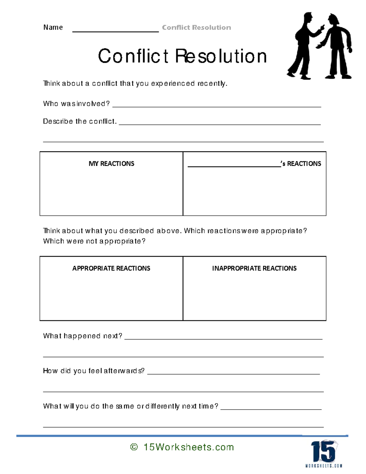Conflict resolution worksheet - Name Conflict Resolution © 15Worksheets ...
