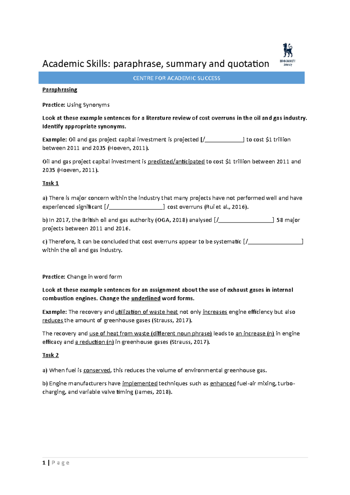 Academic writing doc - Academic Skills: paraphrase, summary and ...