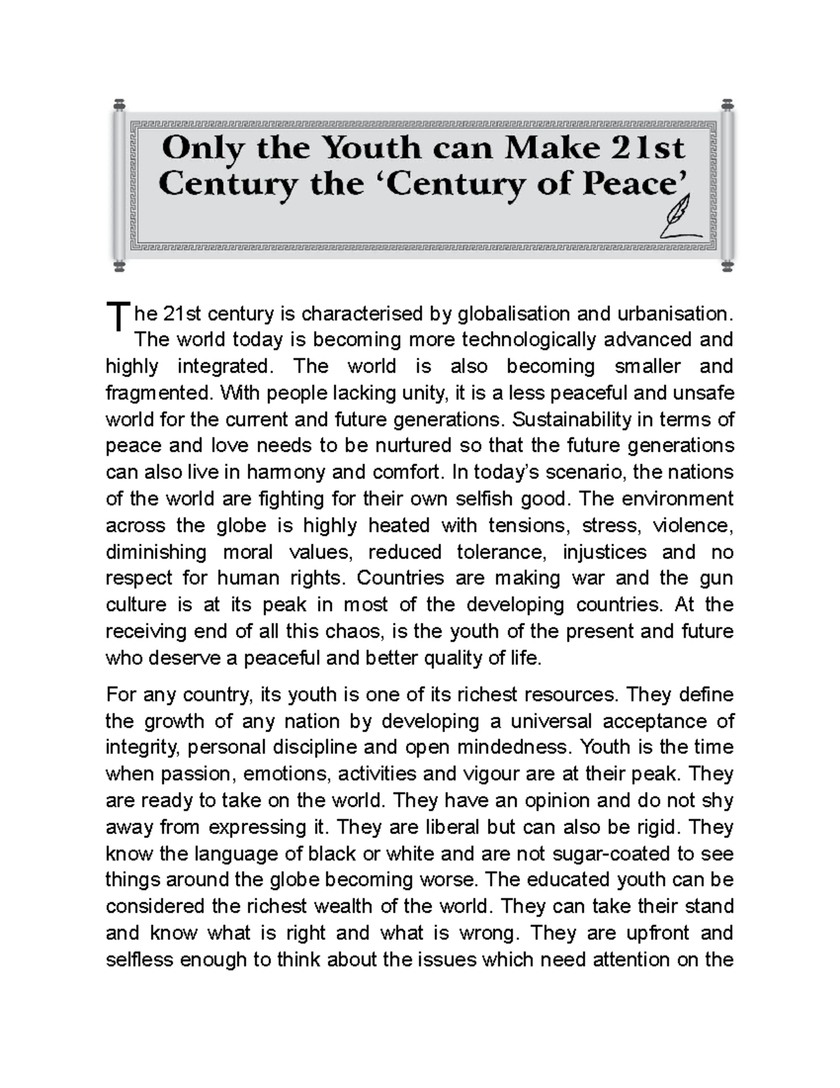 Only the youth can make 21st century the Century of piece. Essay topic ...