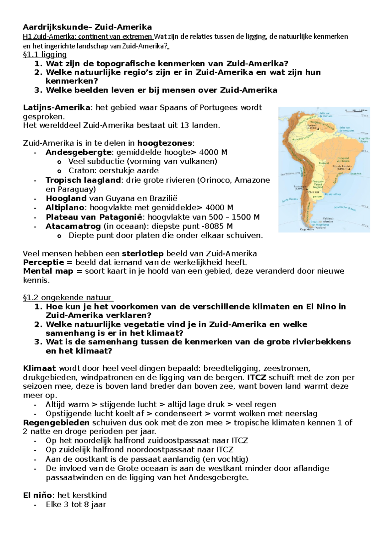 De Geo Zuid-Amerika samenvatting - Aardrijkskunde– Zuid-Amerika H1 Zuid ...