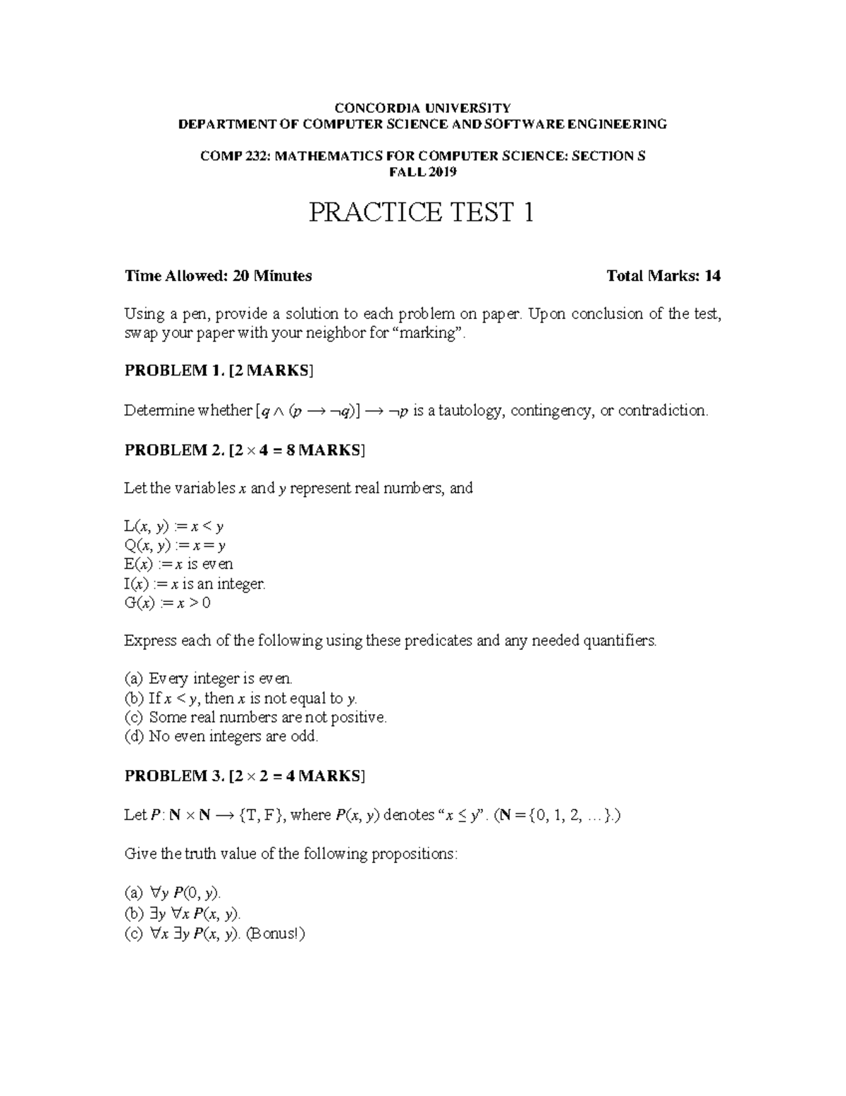 Practice Test - CONCORDIA UNIVERSITY DEPARTMENT OF COMPUTER SCIENCE AND ...
