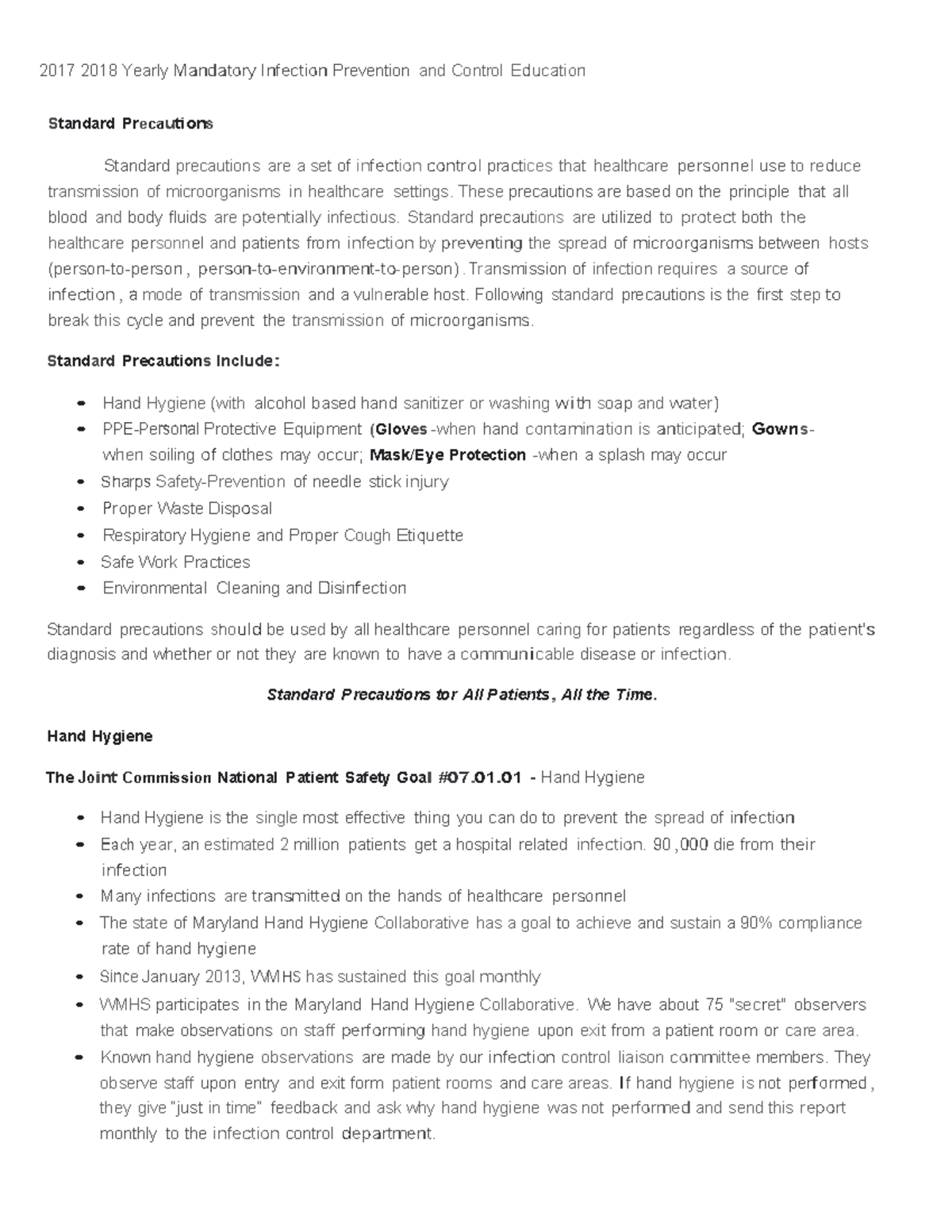 Infection Prevention and Control Education WM17-18 - Standard Pr e ca u ...