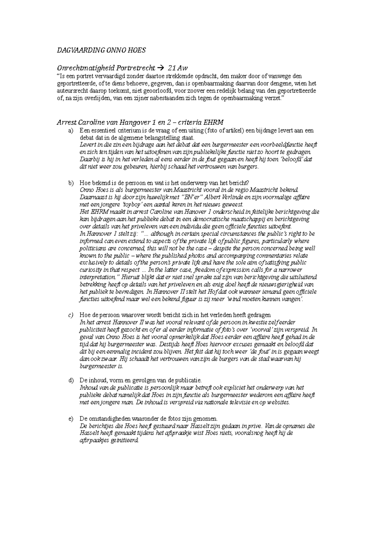 Dagvaarding ONNO HOES - DAGVAARDING ONNO HOES Onrechtmatigheid ...