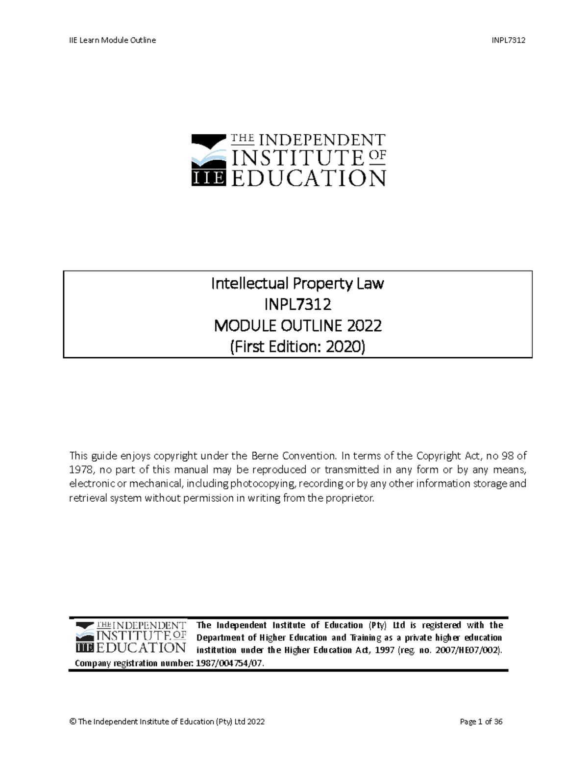 module outline for intellectual property law - Intellectual Property Law INPL 7312 MODULE ...