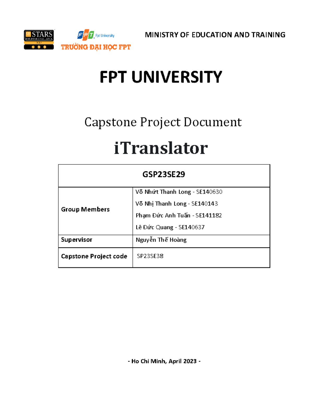2023.Spring i Translator Final Report - MINISTRY OF EDUCATION AND TRAINING FPT UNIVERSITY ...