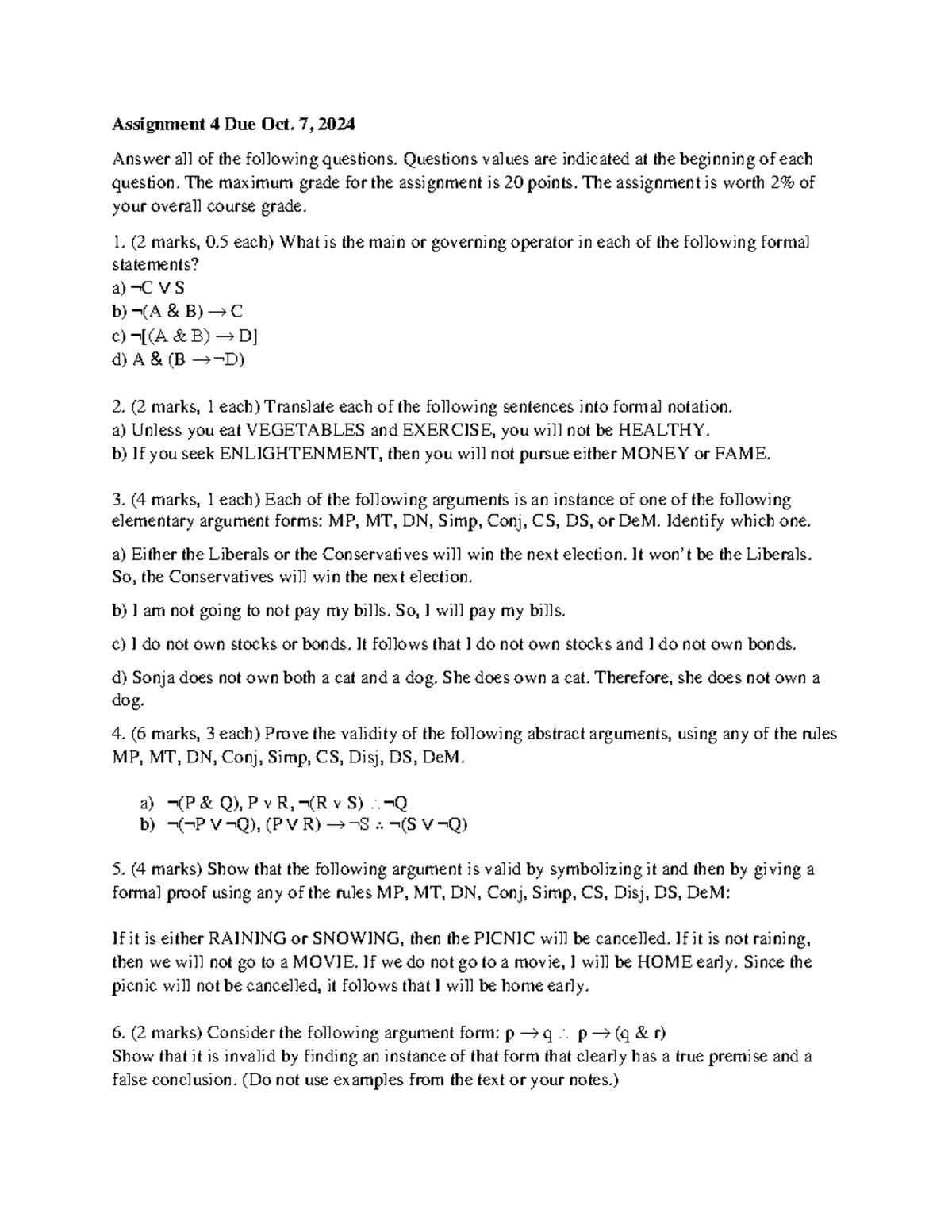 Assignment 4 - Very good notes - Assignment 4 Due Oct. 7 , 202 4 Answer ...