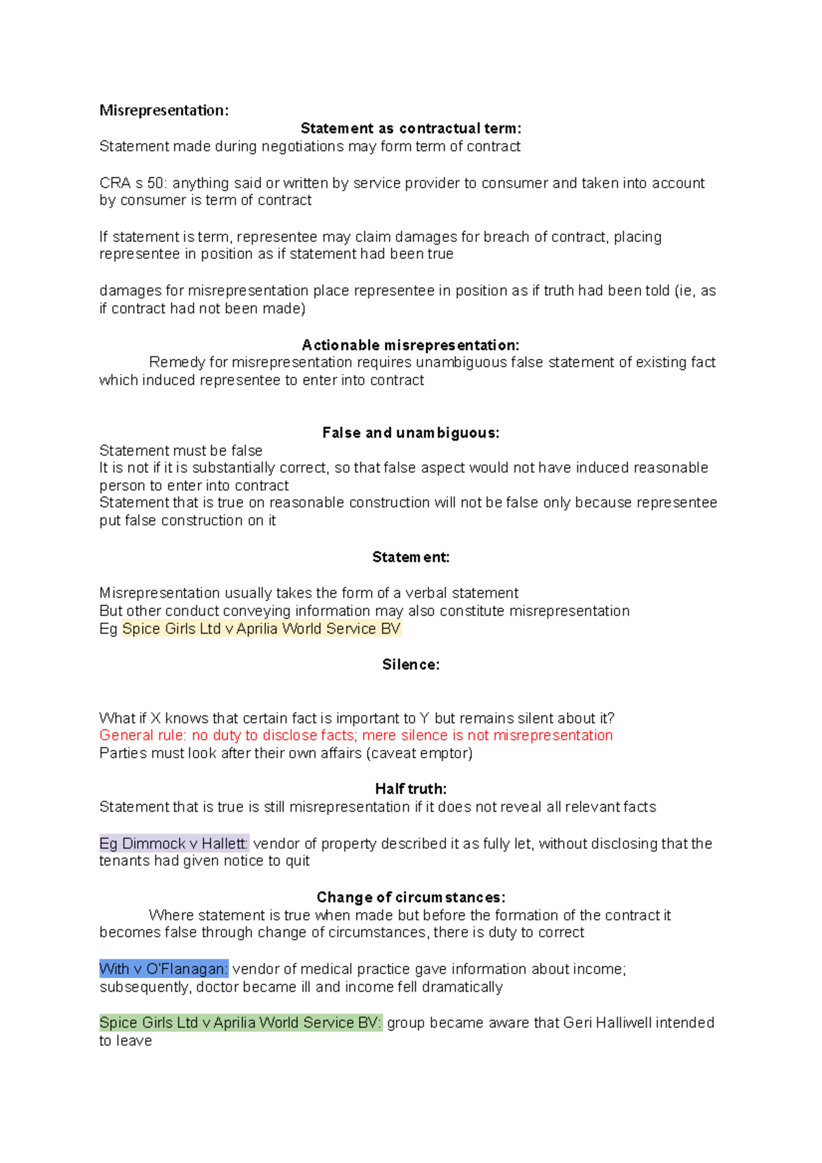 Misrepresentation - lecture notes - Misrepresentation: Statement as ...