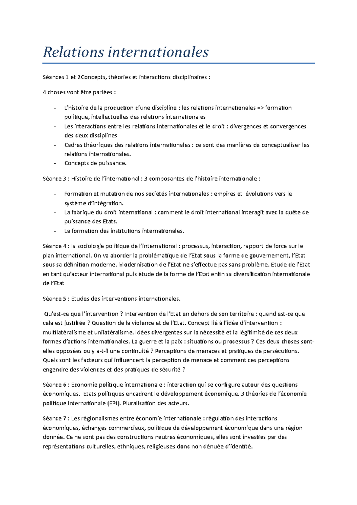 Cour 1 relations internationales - Relations internationales Séances 1 ...