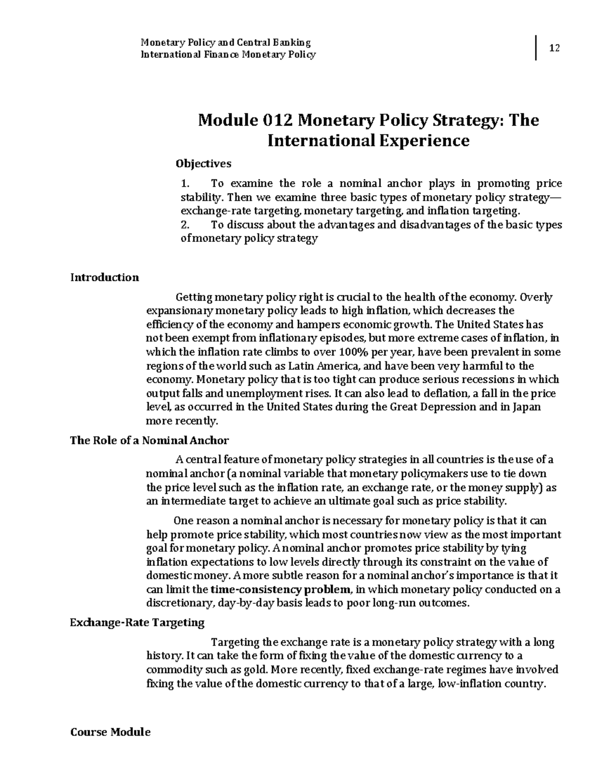 W11 Module 012 Monetary Policy Strategy The International Experience - Monetary Policy and ...