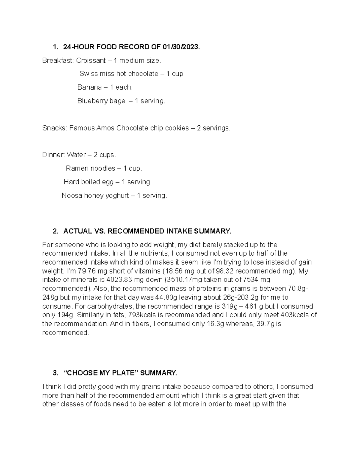 Nutrition Assignment 1 - 1. 24-HOUR FOOD RECORD OF 01/30/2023 ...