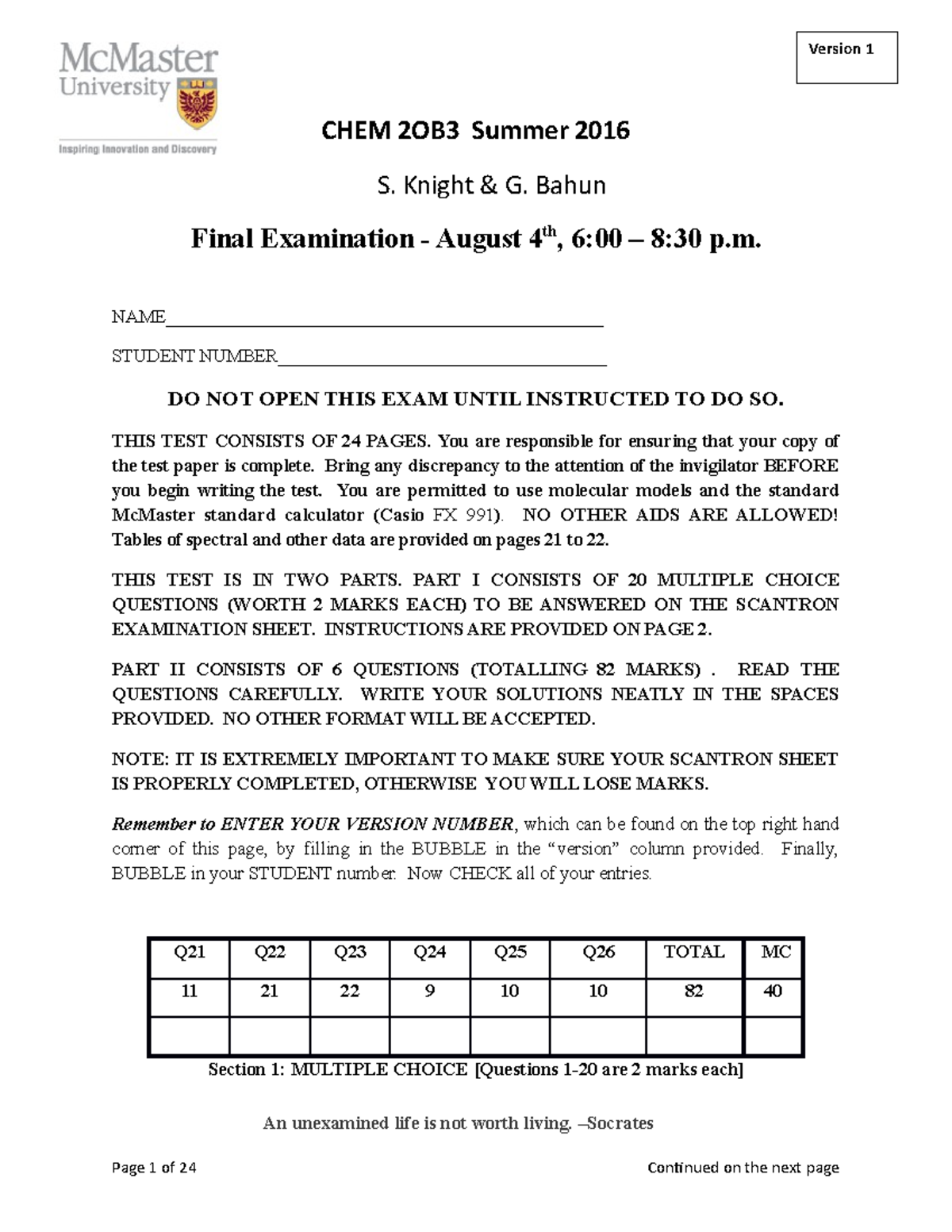 Final Exam 2016, questions and answers - CHEM 2OB3 Summer 2016 S ...