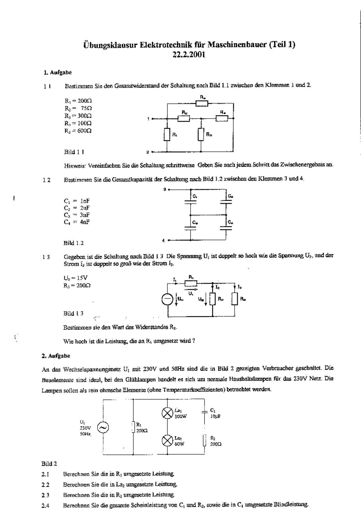 E-Technik Fuer Maschinenbauer 1 2000 WS AKL Uebungsklausur - ﬁbungskiausur Elektrotechnik fiir ...