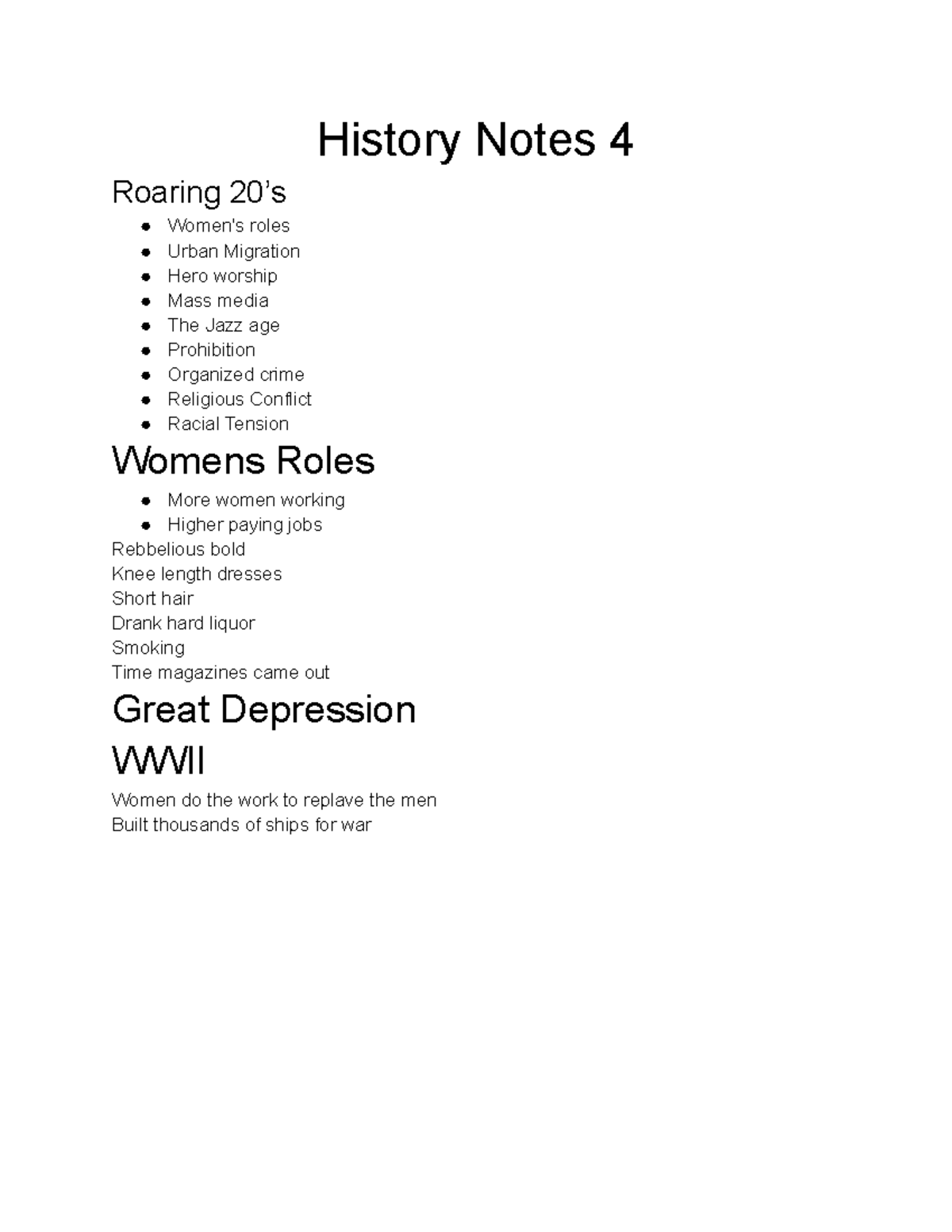 Quarter 4 History - notes - History Notes 4 Roaring 20’s Women's roles ...