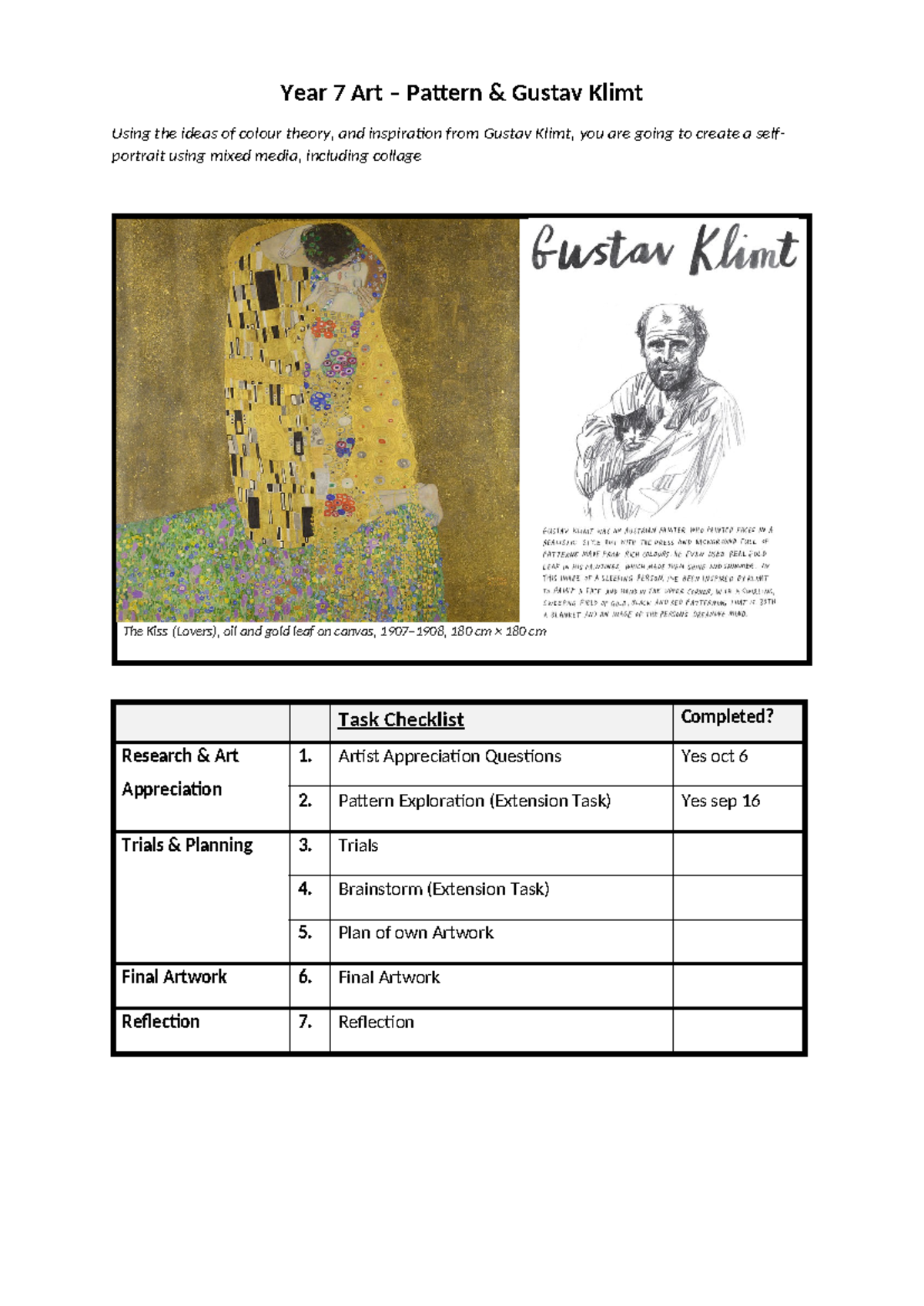 7 Art- Gustav Klimt Student Assesment Resource A - Year 7 Art – Pattern ...