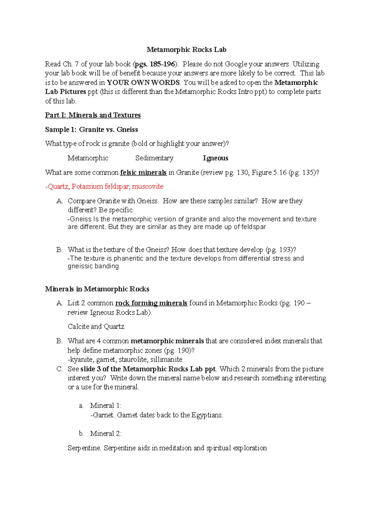 Metamorphic - Geomorphology student copy - Metamorphic Rocks Lab Read ...