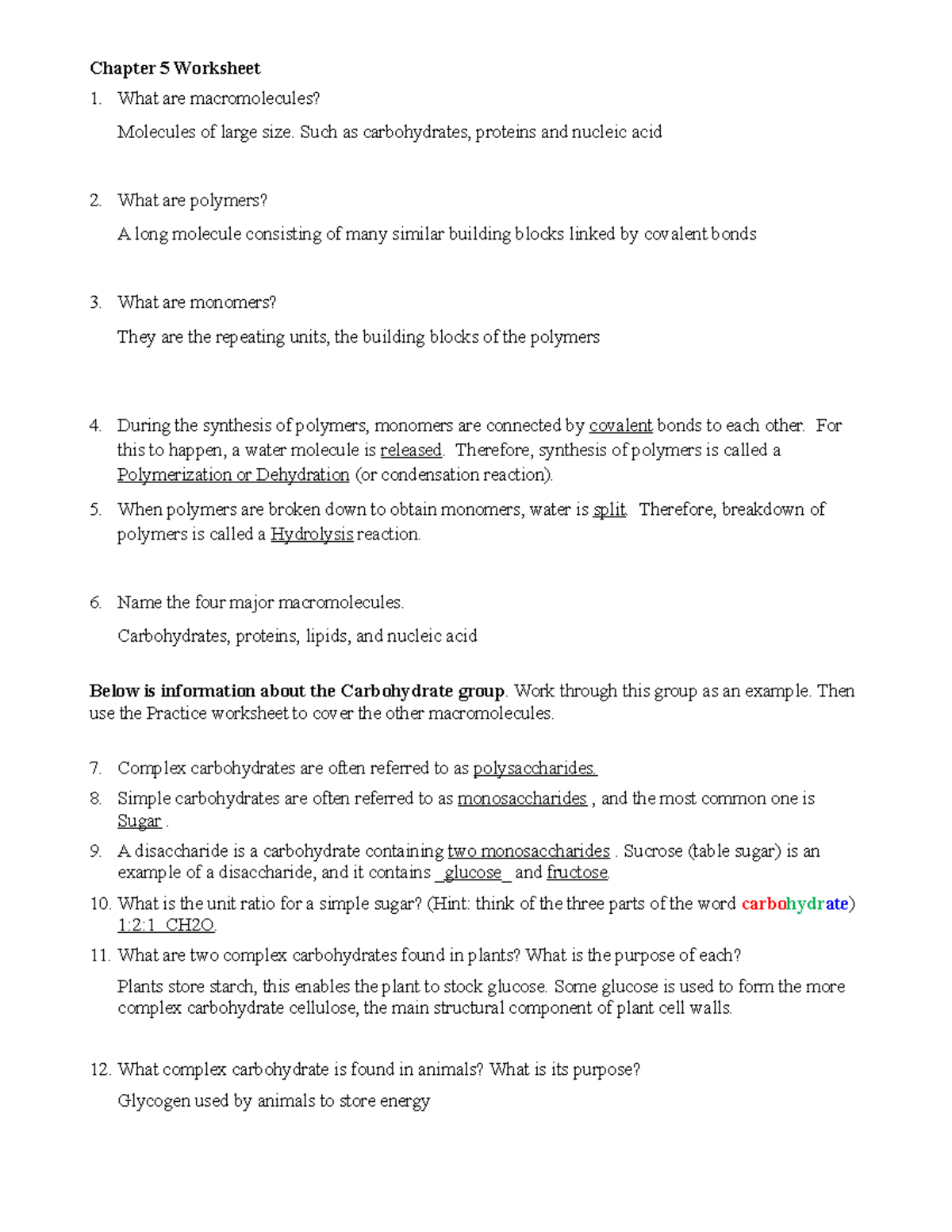Chapter 5 Worksheet Molecules - Chapter 5 Worksheet What are ...