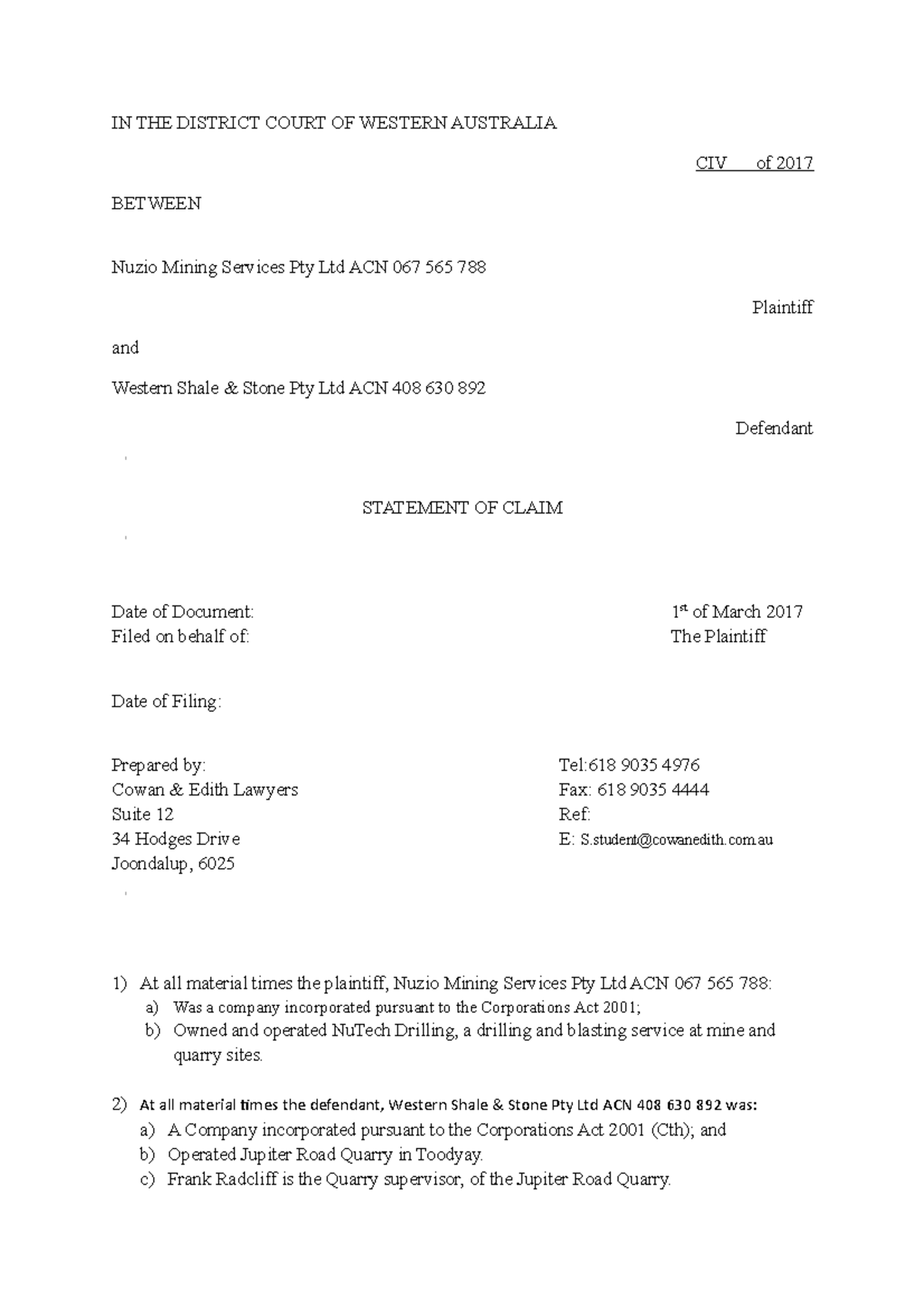 Civ Pro Statement of Claim - IN THE DISTRICT COURT OF WESTERN AUSTRALIA ...