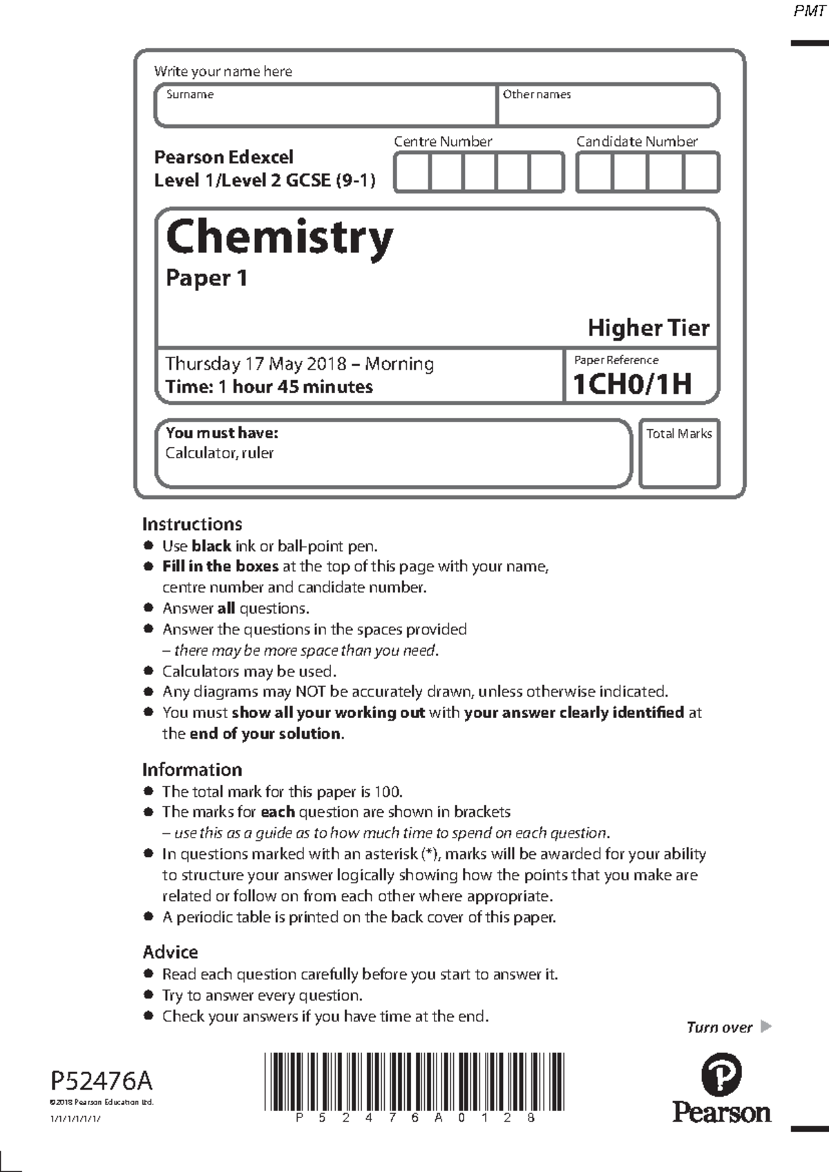 June 2018 Qp Paper 1 H Edexcel Chemistry Gcse Centre Number Candidate Number Write Your