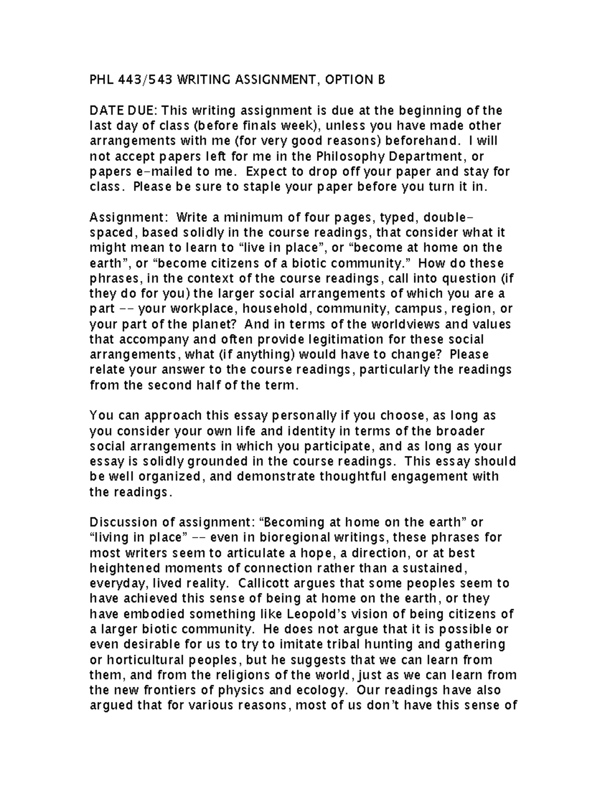Option B Writing Assignment - PHL 443/543 WRITING ASSIGNMENT, OPTION B ...
