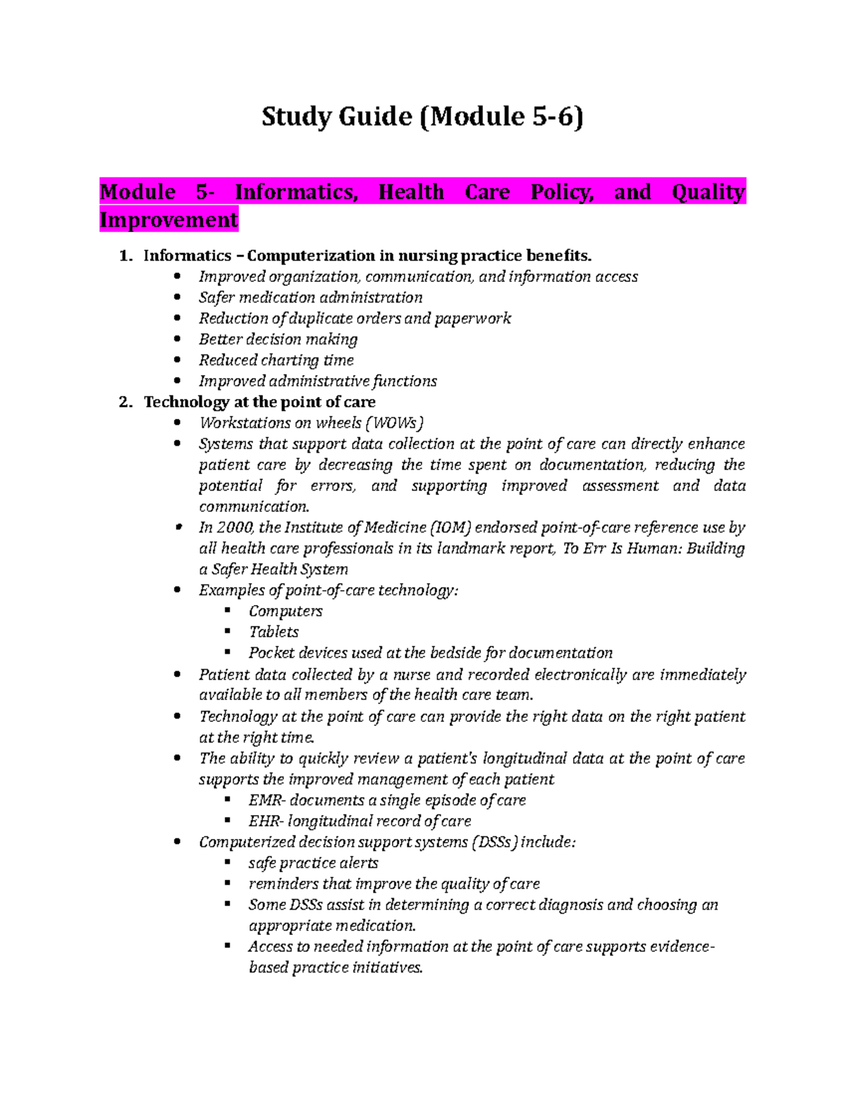 Study Guide Exam 3 - Study Guide (Module 5-6) Module 5- Informatics ...