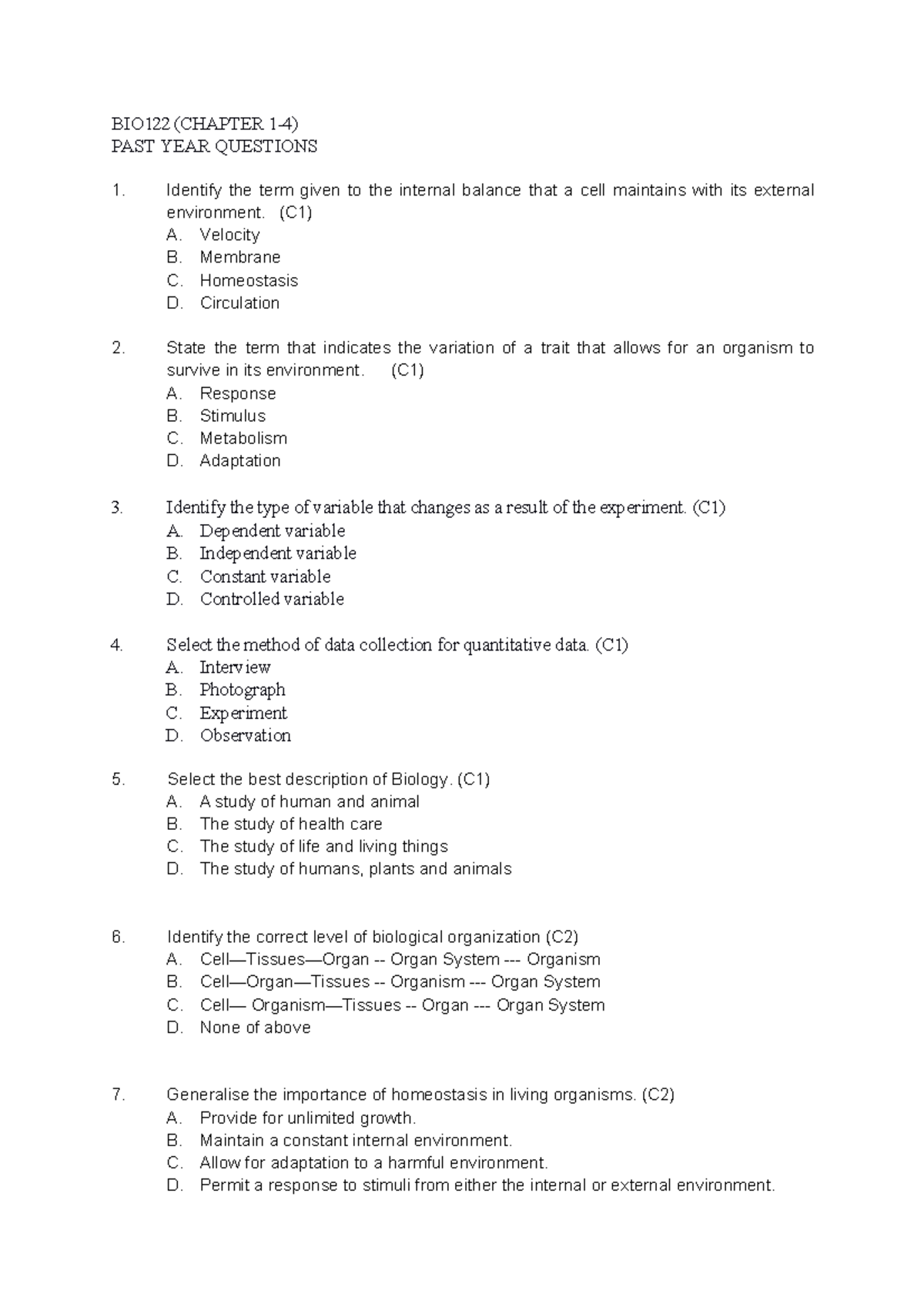 BIO122 revision - BIO 122 (CHAPTER 1 - 4 ) PAST YEAR QUESTIONS Identify ...