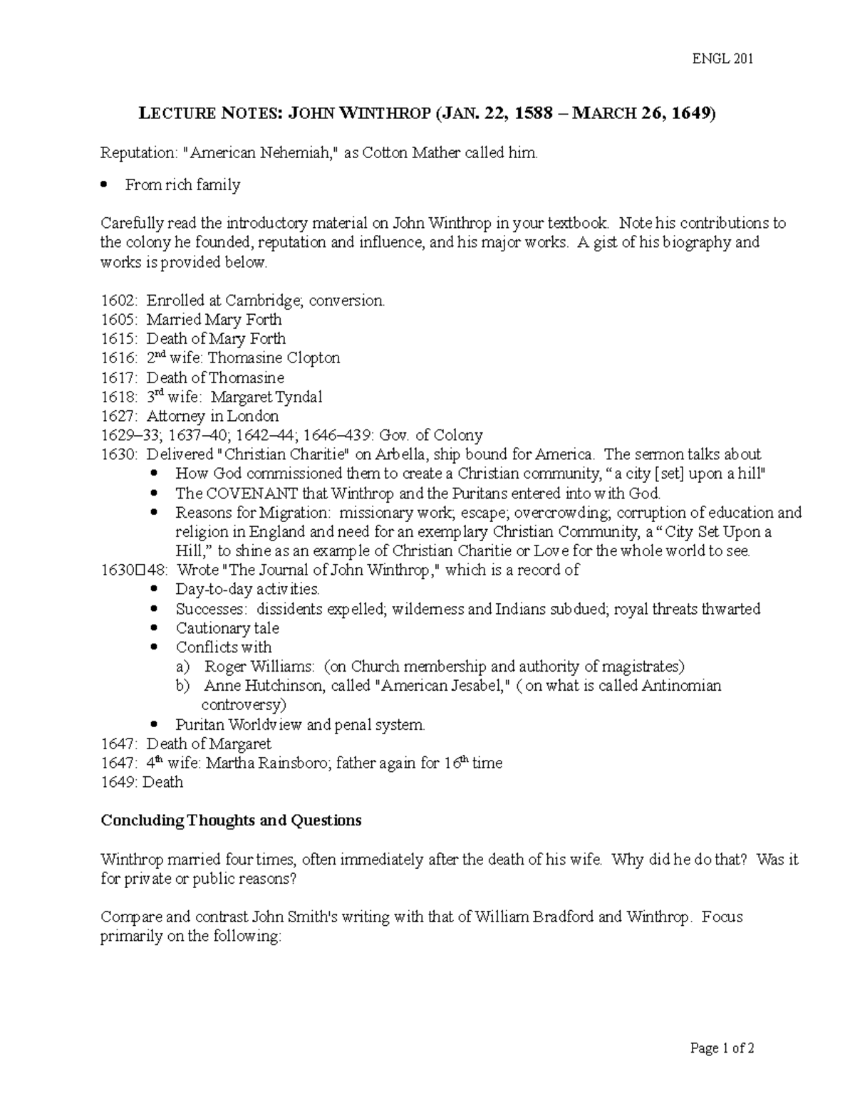 Lecture Notes John Winthrop - ENGL 201 LECTURE NOTES: JOHN WINTHROP ...