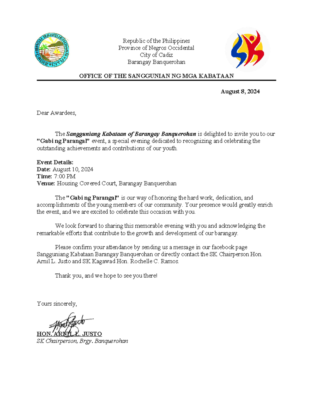 Letter of invitation gabi ng parangal - Republic of the Philippines ...