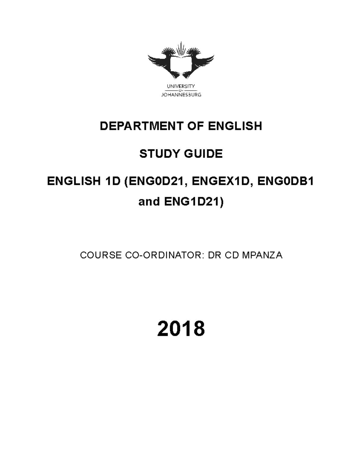 1D Study Guide 2018 - Lecture notes 1-10 - DEPARTMENT OF ENGLISH STUDY ...