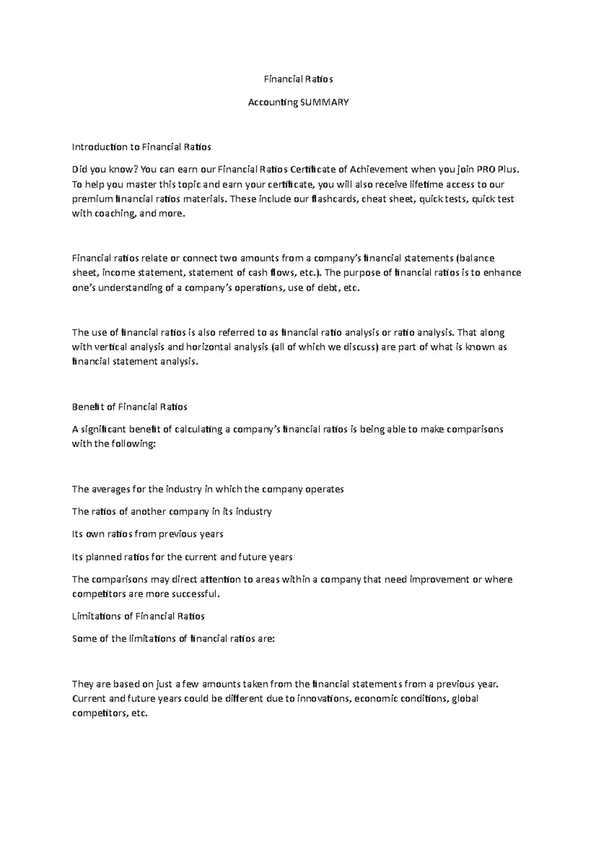Financial Ratios Accounting Summary - Accounting SUMMARYFinancial ...