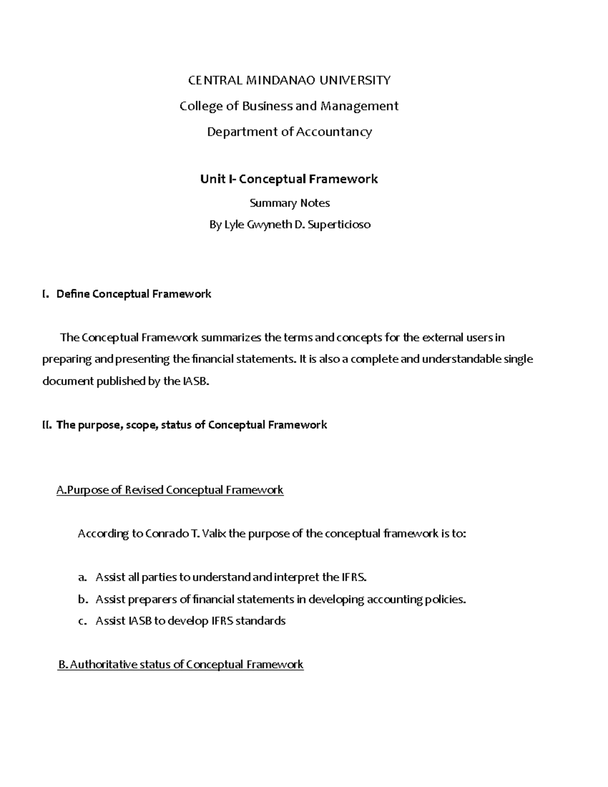 Unit 1 Conceptual framework summary notes - CENTRAL MINDANAO UNIVERSITY ...