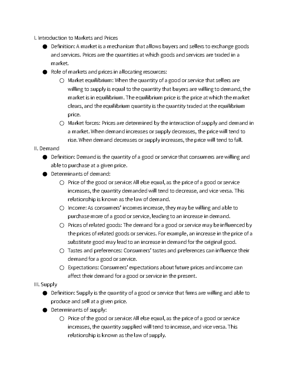 Markets and Prices - Notes - I. Introduction to Markets and Prices ...