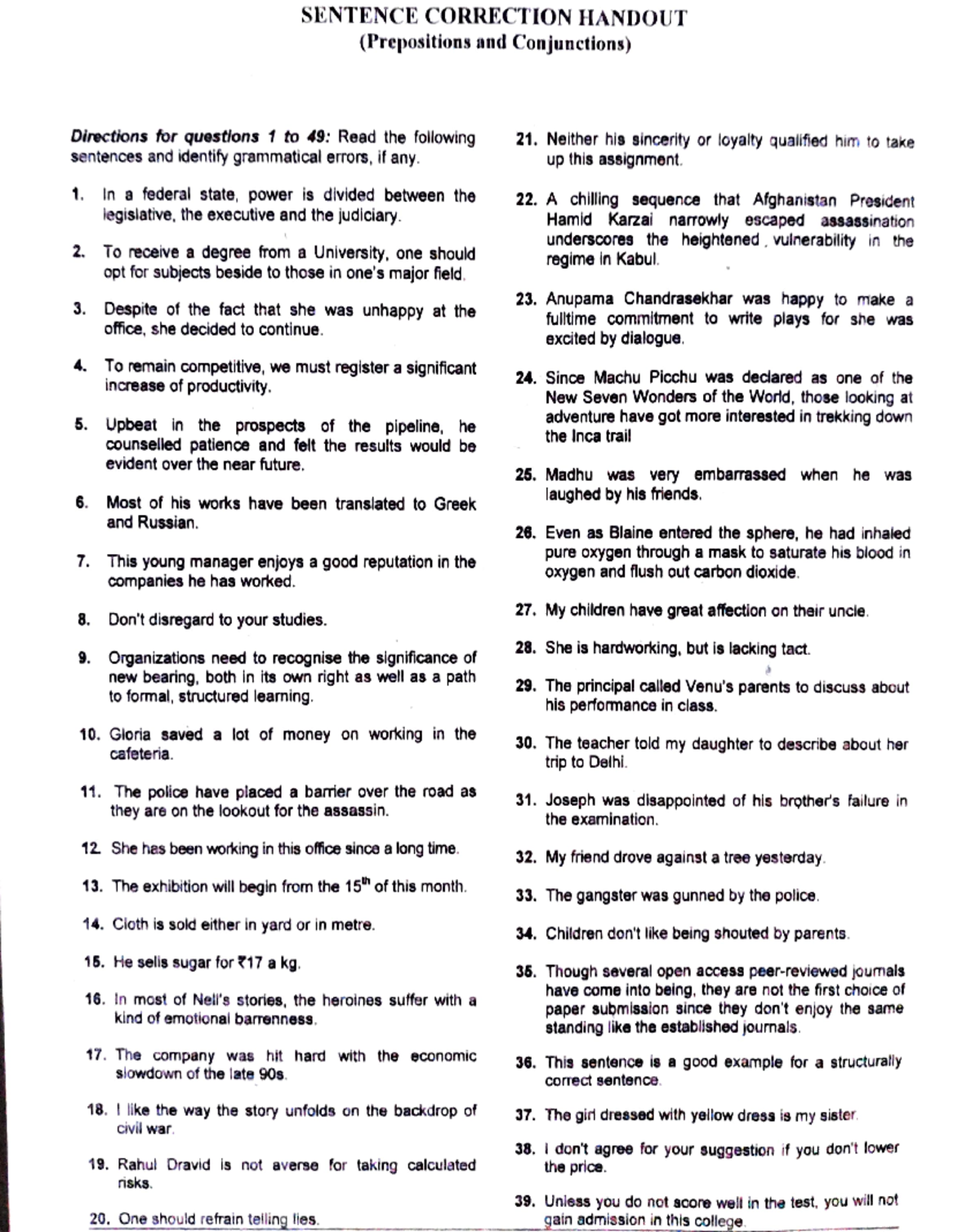 sentence correction - SENTENCE CORRECTION HANDOUT (Prepositions and ...