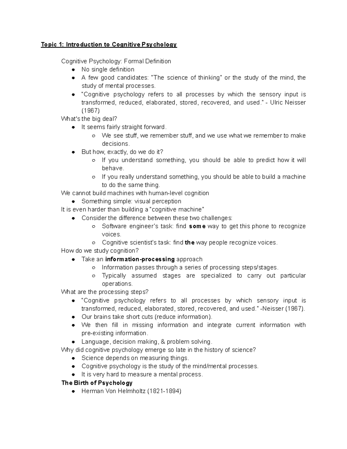 PSY 200 Notes - Topic 1: Introduction to Cognitive Psychology Cognitive ...