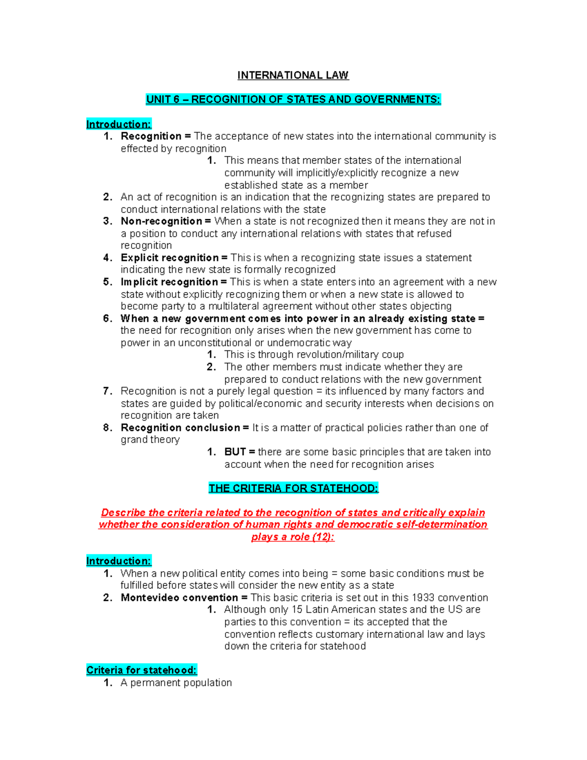 Unit 6 - Summary course - INTERNATIONAL LAW UNIT 6 – RECOGNITION OF ...