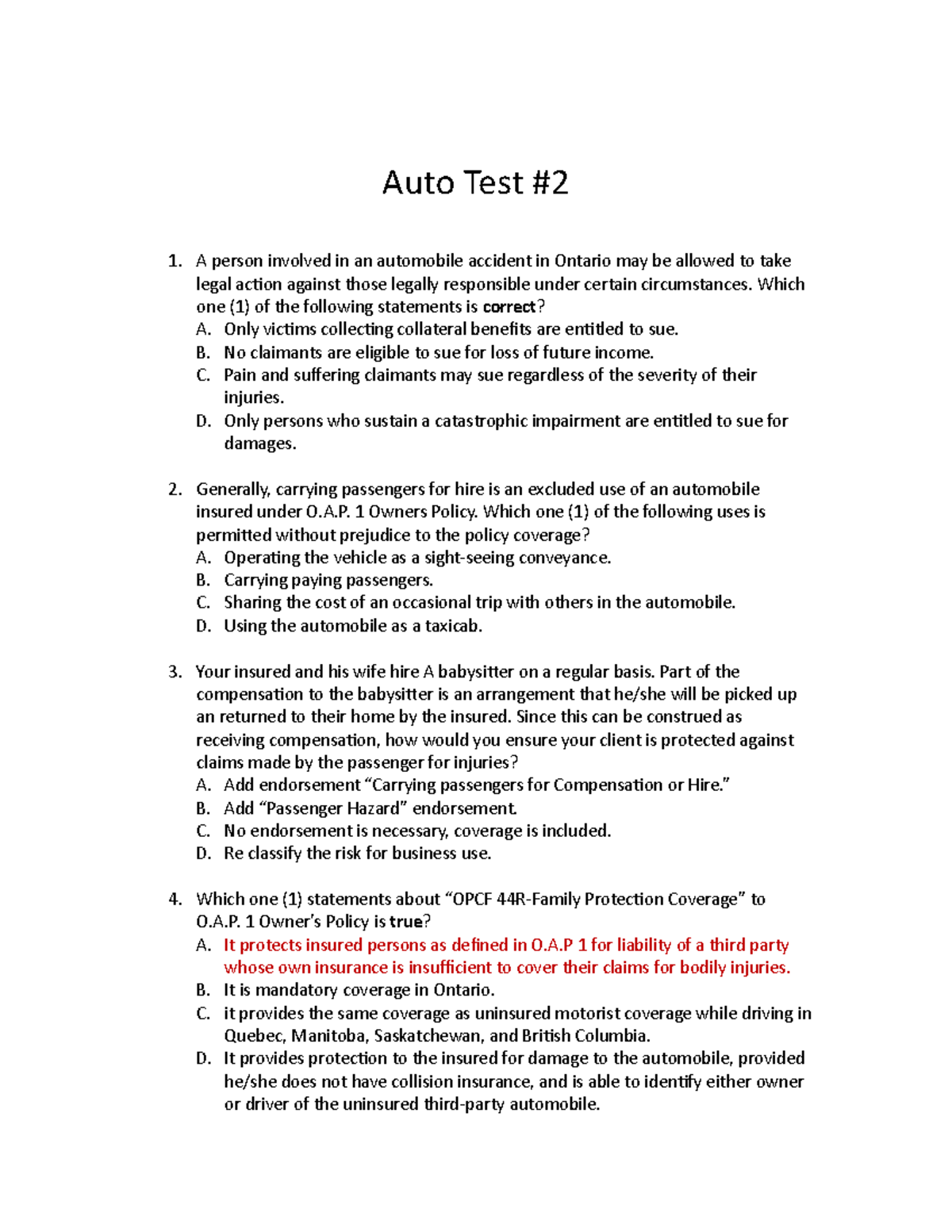 Auto Test 2 (Questions) - Auto Test A person involved in an automobile ...